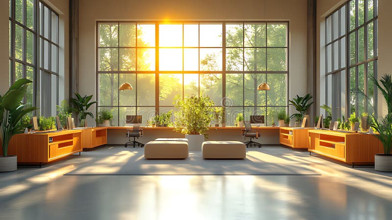 Sunrise Illuminates Modern Office Workspace, Large Windows, Green ...