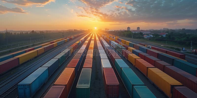 Sunrise Illuminates a Rail Freight Terminal, Casting Golden Light on ...