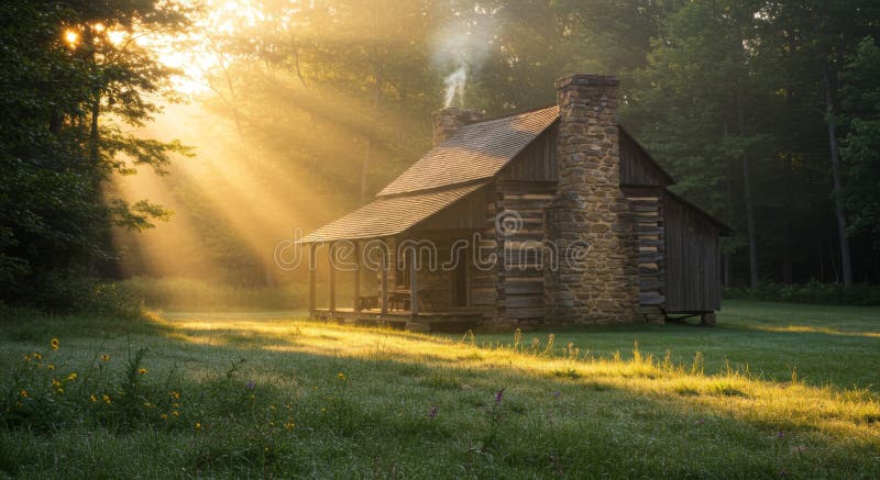 Sunrise Illuminates Rustic Log Cabin in a Misty Forest Stock ...