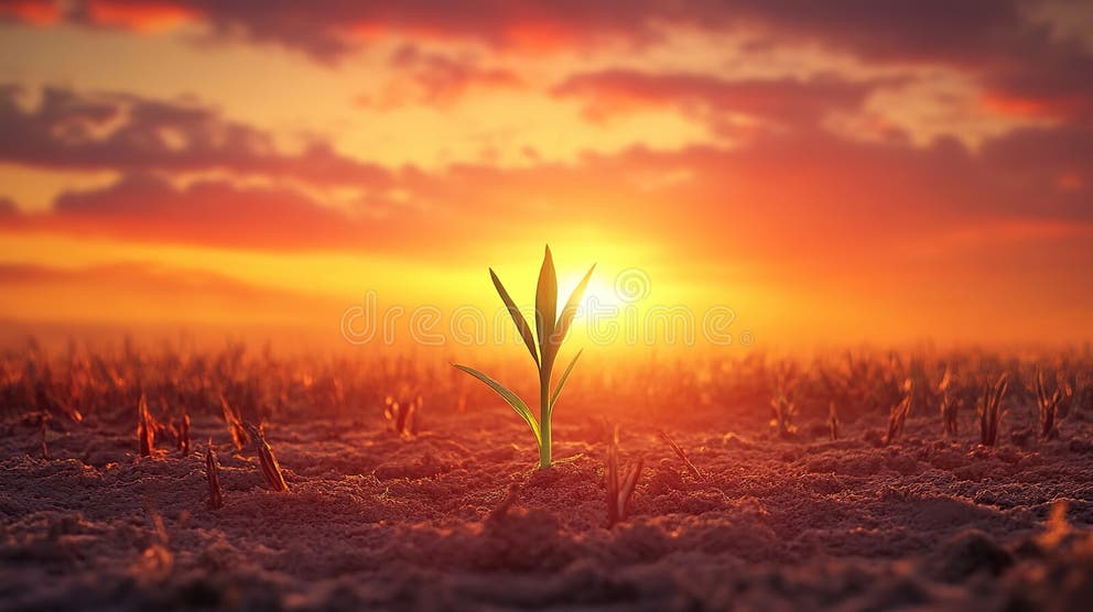 Sunrise Illuminates a Single Sprout Emerging from Dry Soil Stock Image ...
