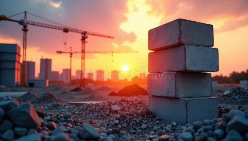 Sunrise Illuminates Stacked Concrete Blocks at a Vibrant Construction ...