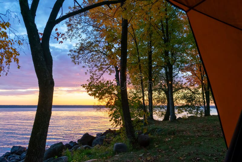 Sunrise Lake View from a Tent Stock Photo - Image of park, horizon ...