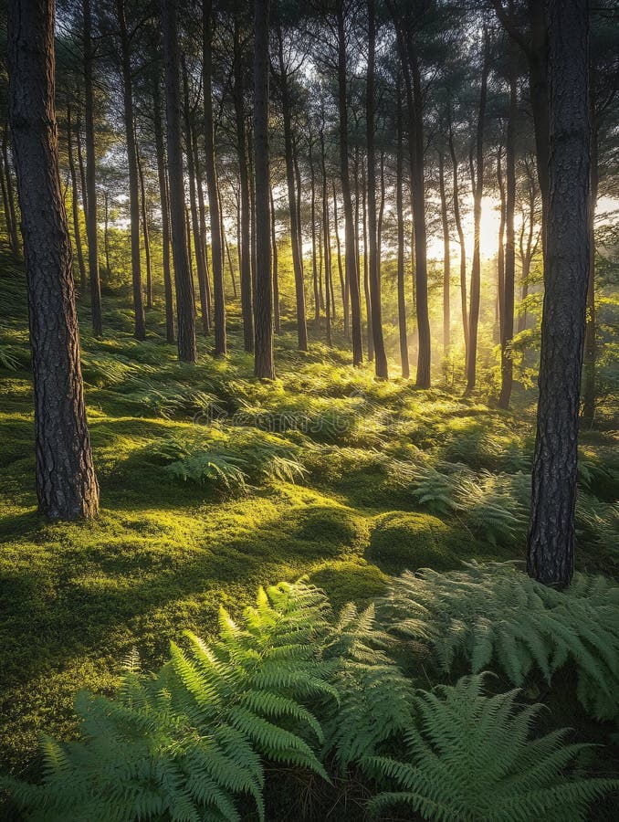 Sunrise Light through Pine Forest Stock Illustration - Illustration of ...