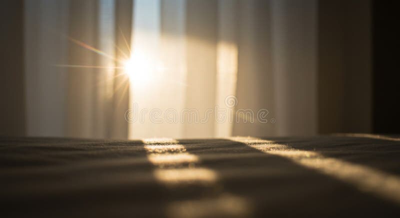 Sunrise Light through Sheer Curtains Onto Bed Stock Illustration ...