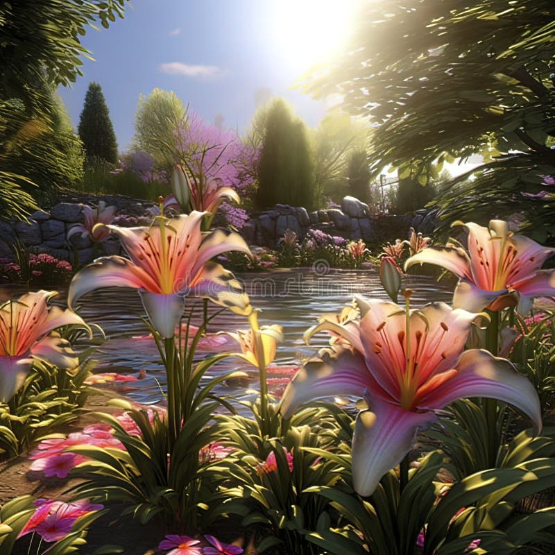 Sunrise at the Lily Garden, Generative AI Stock Illustration - Illustration of color, beauty ...