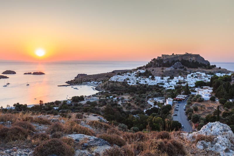 Sunrise in the Lindos stock image. Image of blue, mythology - 36283707