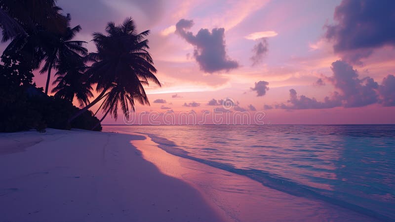 Sunrise in the Maldives, Reflection of Pink Clouds and Palms in the Sea ...