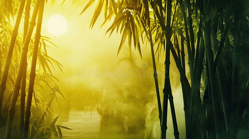 Sunrise Mist Bamboo Forest River Landscape Stock Photo - Image of ...
