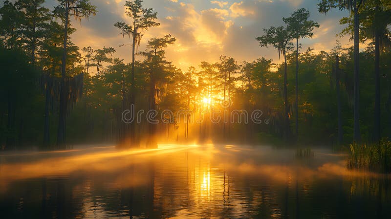 Sunrise Mist Cypress Swamp Bayou Landscape Stock Illustration ...