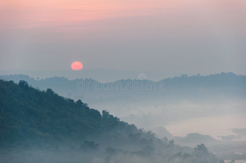 Sunrise and Mist on Mountain Landscape Stock Image - Image of sunrise ...
