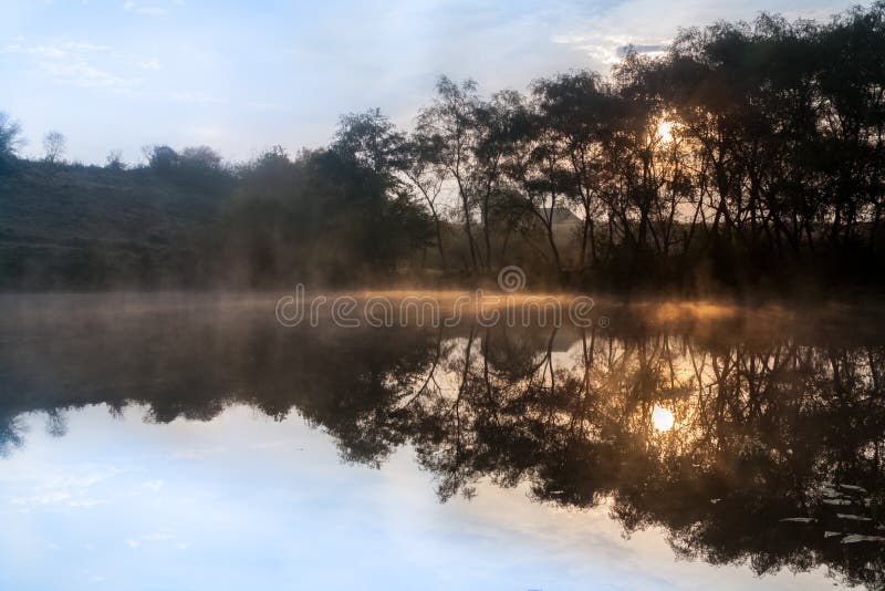 Sunrise, the Mist Over the Lake. Stock Photo - Image of backgrounds ...