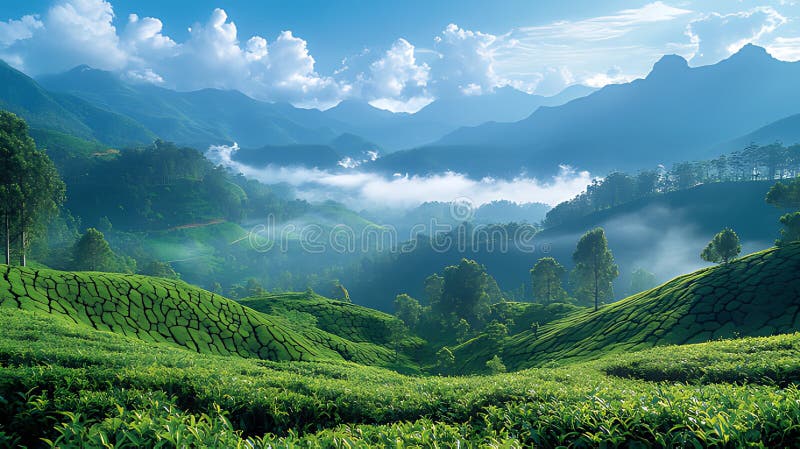 Sunrise Mist Over Lush Green Tea Plantation Mountains Stock ...