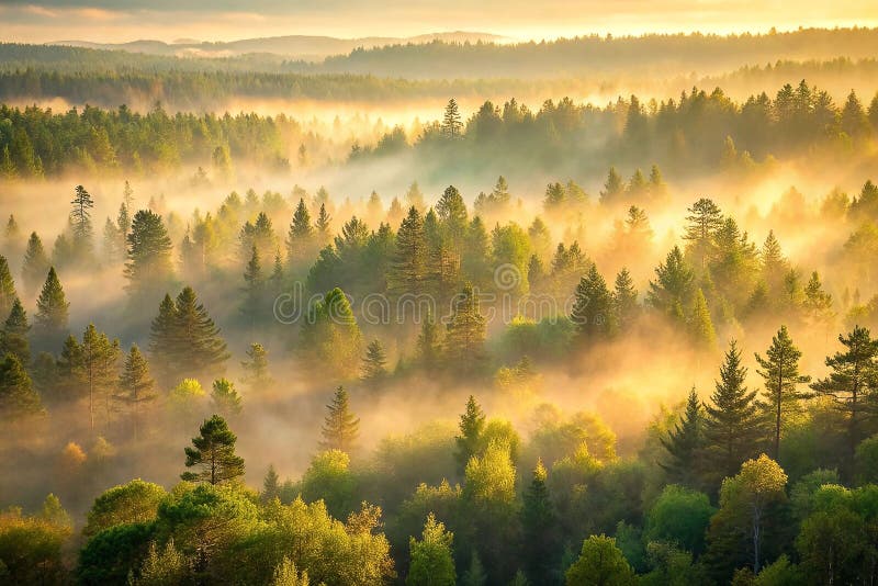 Sunrise Mist Over Mountain Forest Landscape Stock Illustration ...