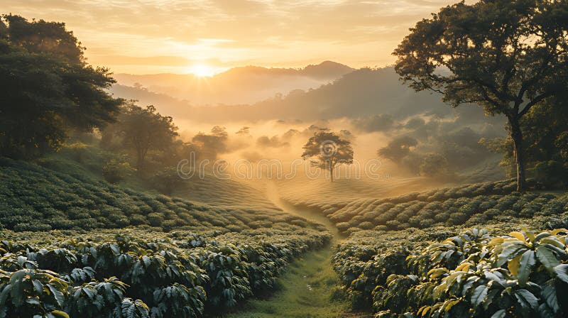 Sunrise Mist Over Tea Plantation Valley Stock Illustration ...