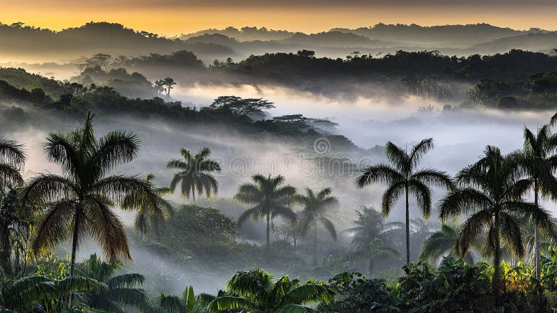 Sunrise Mist Valley Palm Trees Tropical Landscape Stock Image - Image ...
