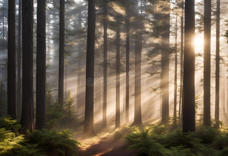 Sunrise in the Misty Forest with Sun Rays Passing through the Trees ...