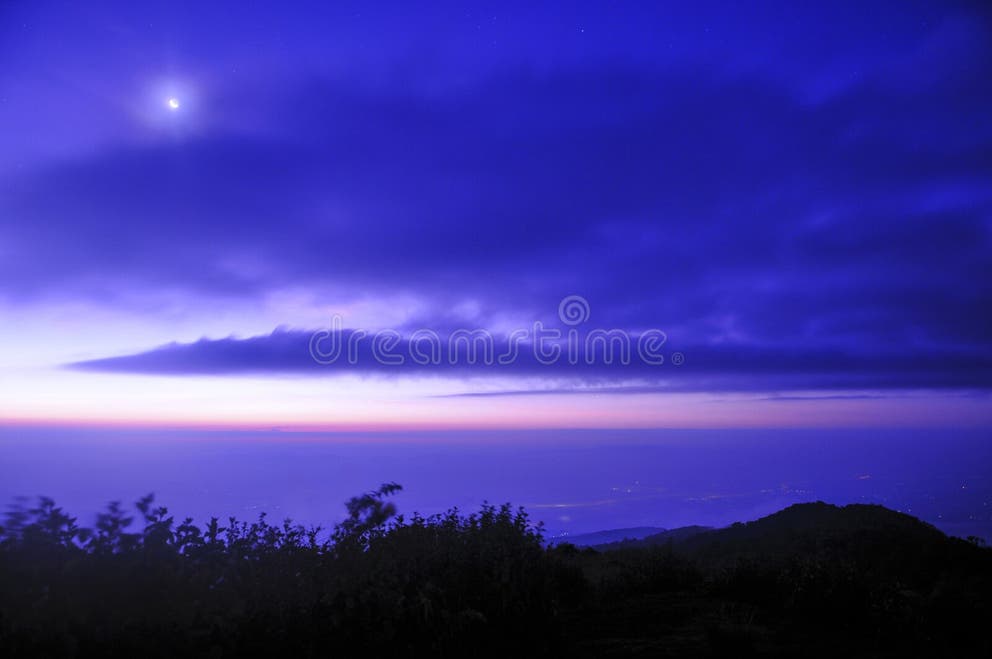 Sunrise and Moon Falls on the Mountains. Stock Photo - Image of falls ...