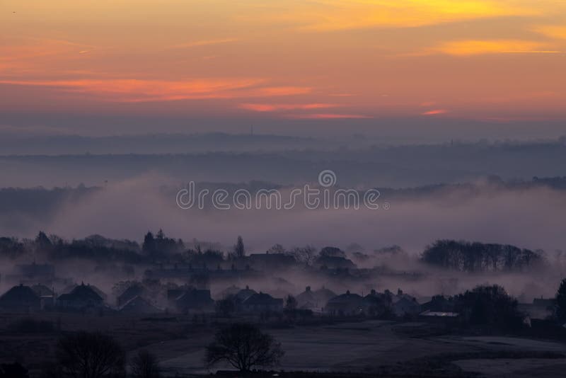 Sunrise with morning mist stock photo. Image of mist - 203789574