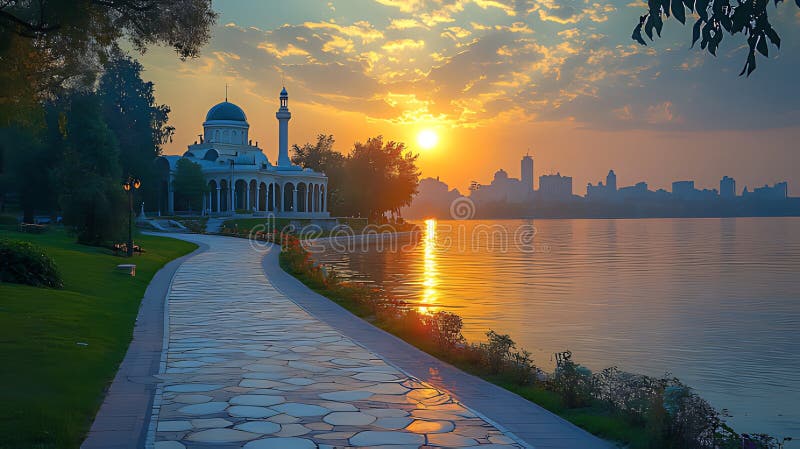 Sunrise Mosque Lakeside Pathway Cityscape Stock Illustration ...