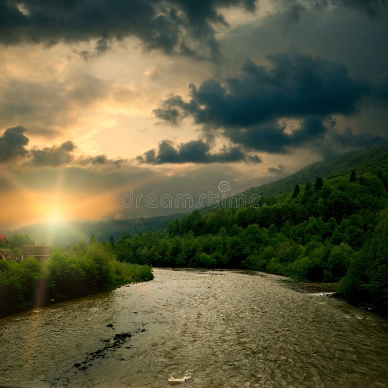 Sunrise on mountain river stock image. Image of carpathians - 19409587