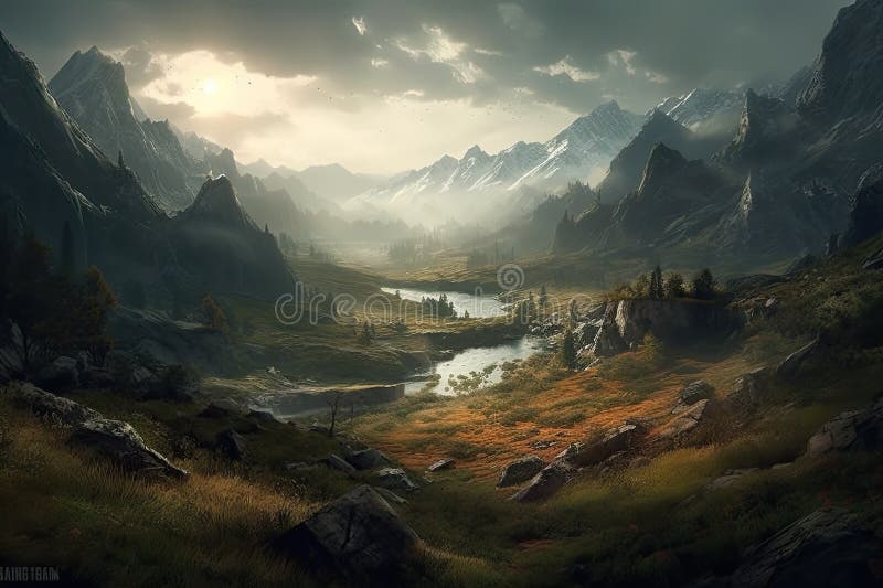 Sunrise in the Mountains. a Moody Landscape Stock Illustration ...