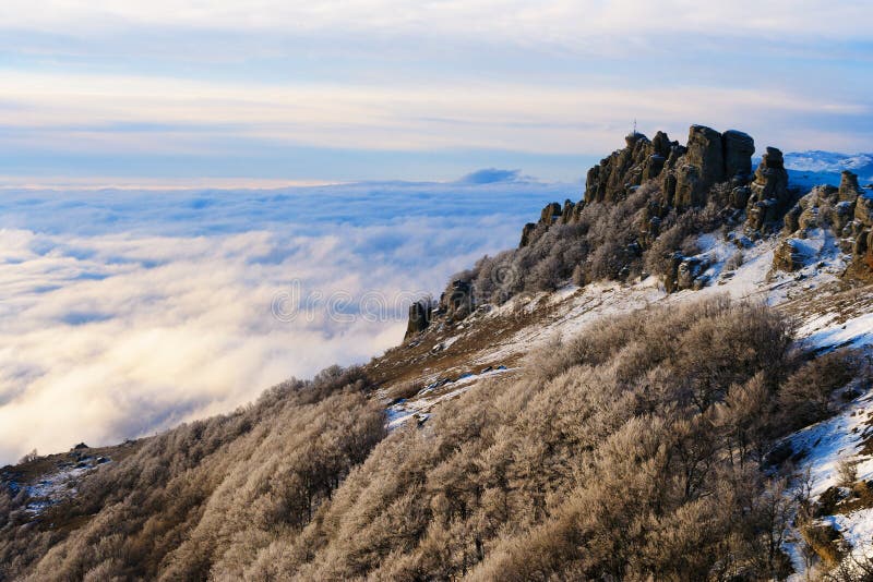 Sunrise in the Mountains. the Peaks of the Mountains Rise Above Stock ...