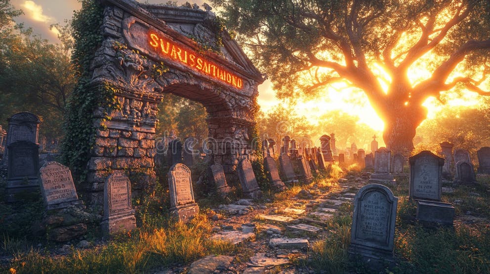Sunrise Over Ancient Cemetery Archway Stock Illustration - Illustration ...