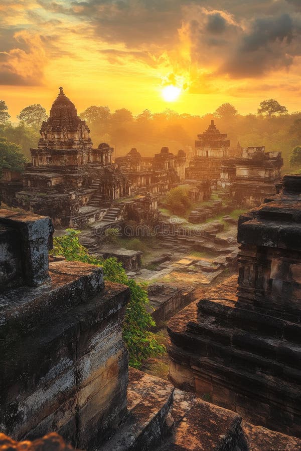 Sunrise Over Ancient Indian Temples with Their Stone Architecture ...