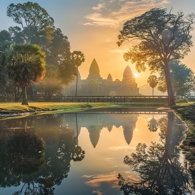 Sunrise Over Angkor Wat Temple Reflected in Calm Water Stock Image ...