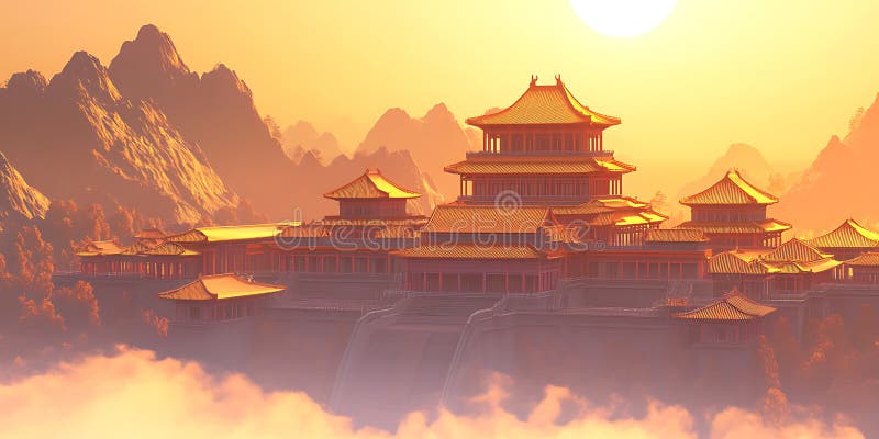 Sunrise Over Asian Temple Stunning Landscape Image Stock Illustration ...