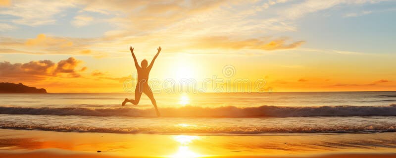 Sunrise Over a Beach with a Person Jumping Stock Illustration ...