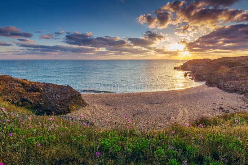 Sunrise Over Beautiful Bay with Sandy Beach Stock Image - Image of ...