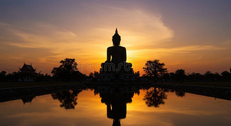 Sunrise Over Buddha Statue and Reflection in Calm Water. Peaceful Scene ...