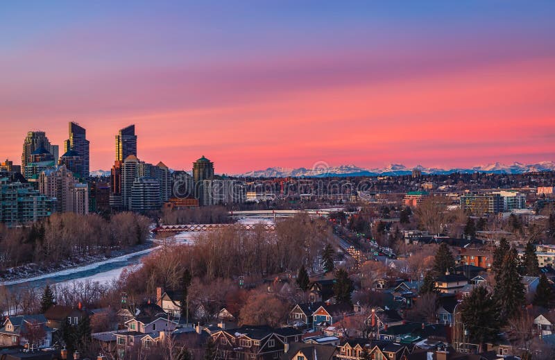 Sunrise Over Calgary and Mountains Stock Photo - Image of metropolis ...
