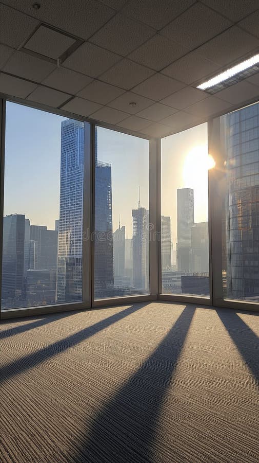 Sunrise Over City Skyline from Corner Office Windows Stock Illustration ...