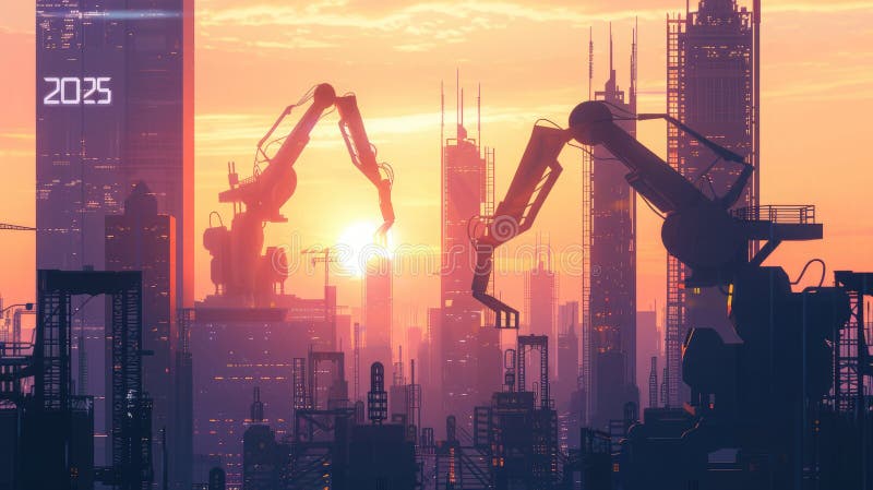 Sunrise Over 2025 Construction Silhouette with Robotic Arms ... Sunrise Over 2025 Construction Silhouette with Robotic Arms ...