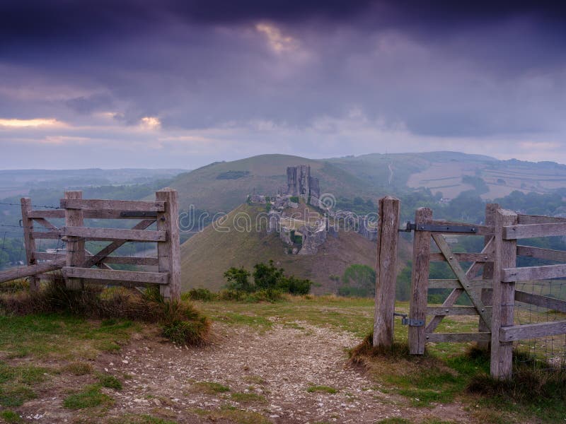Sunrise over Corfe Castle stock image. Image of beautiful - 279783439