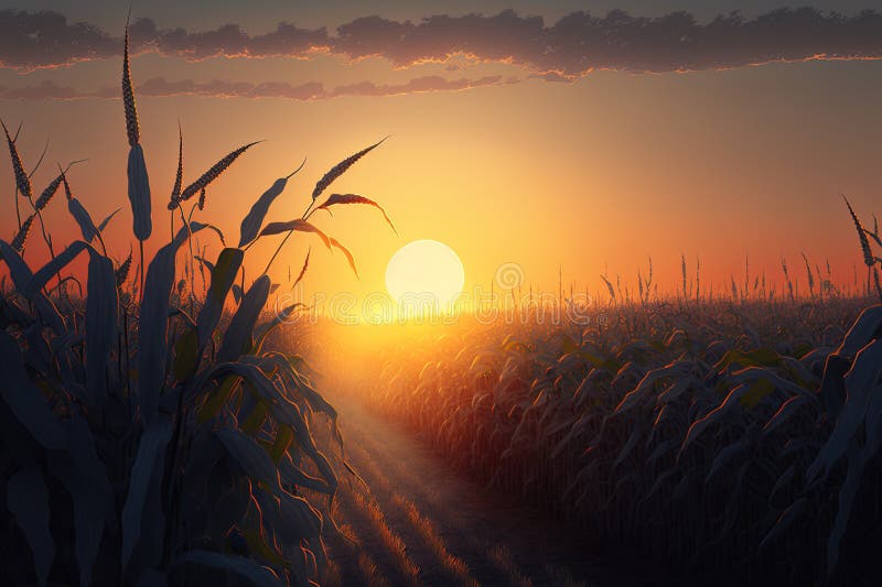Sunrise Over the Corn Field Stock Illustration - Illustration of ...