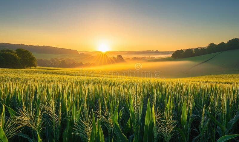 Sunrise Over Cornfield, Warm Glow, Misty Horizon Stock Photo - Image of ...