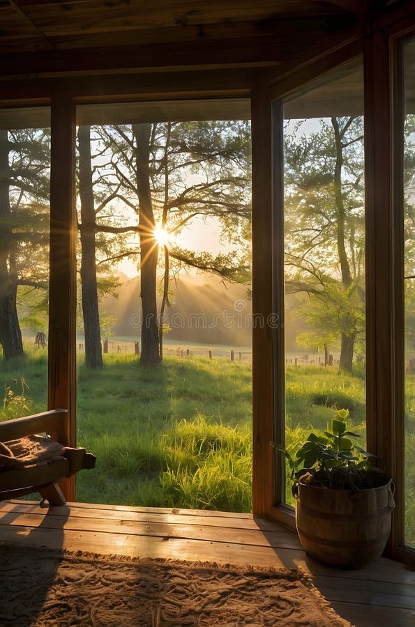 Sunrise Over Countryside Seen through Rustic Cabin Windows Stock ...