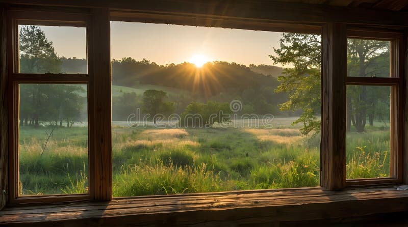 Sunrise Over Countryside Seen through Rustic Cabin Windows Stock ...