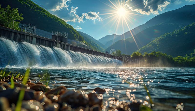 Sunrise Over Dam with Flowing Water in Mountainous Landscape Stock ...