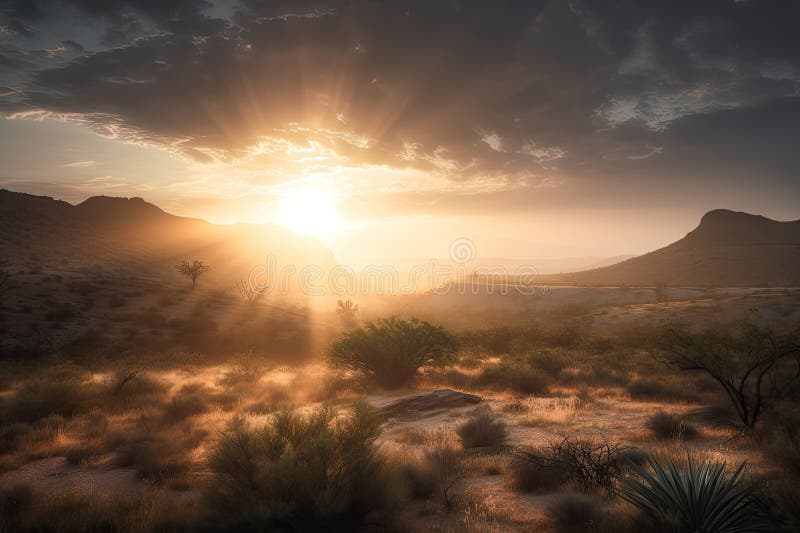 Sunrise Over Desert Landscape, with Rays of Light Shining through ...