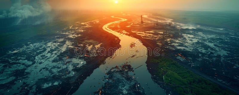 Sunrise Over a Devastated Landscape, River Reflecting the Light Amidst ...
