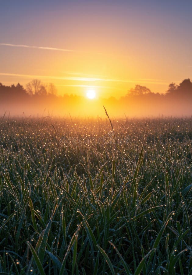 Sunrise Over Dew-Covered Field Stock Illustration - Illustration of ...