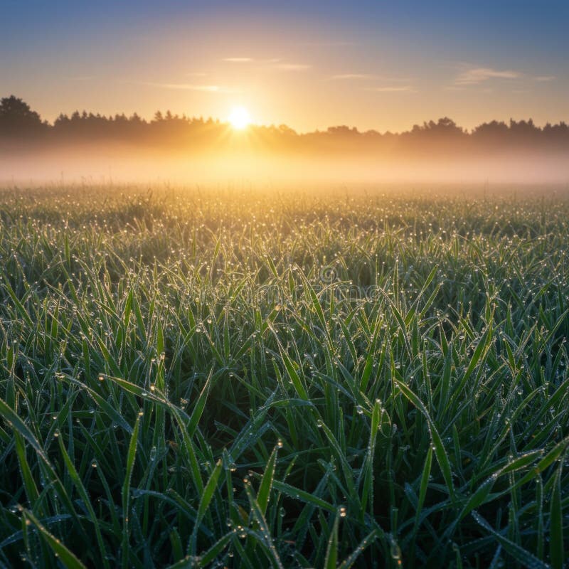 Sunrise Over Dew-Covered Grass Field Stock Illustration - Illustration ...