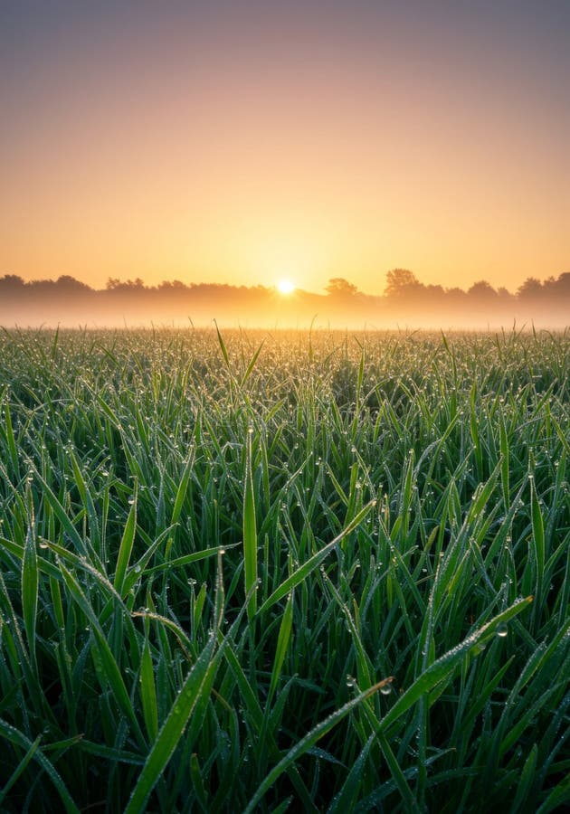 Sunrise Over Dew-Covered Grass Field Stock Illustration - Illustration ...