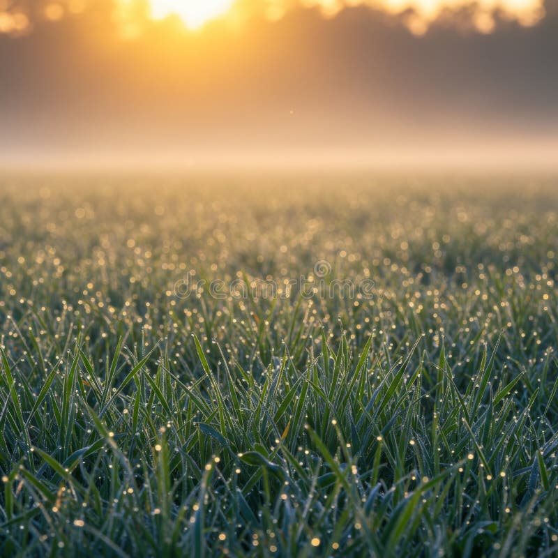 Sunrise Over Dew-Covered Grass Field Stock Illustration - Illustration ...