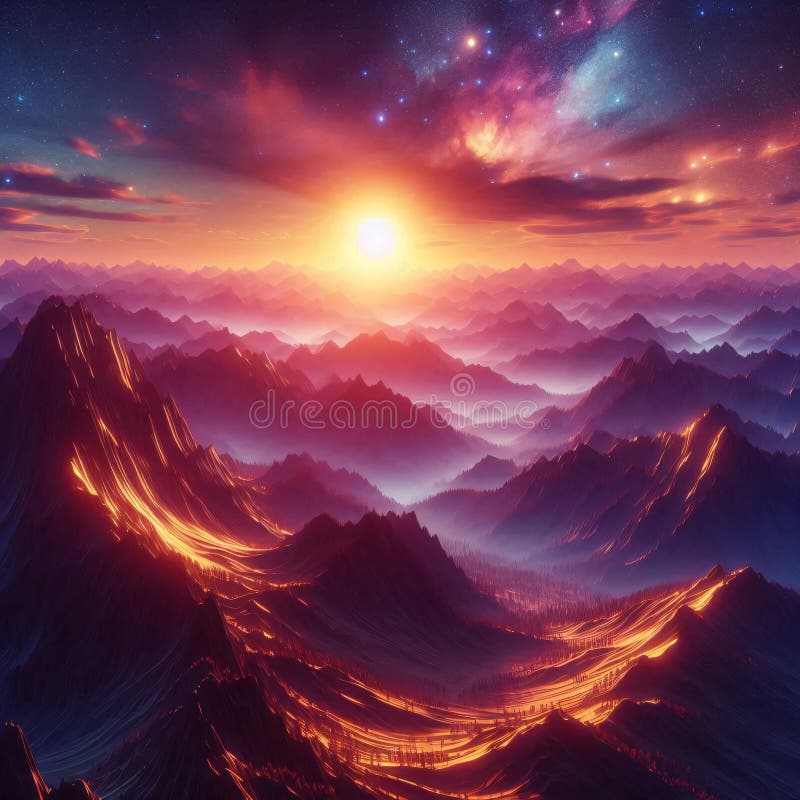 Sunrise Over Digital Mountains with Vibrant Colors and Dynamic Lighting ...