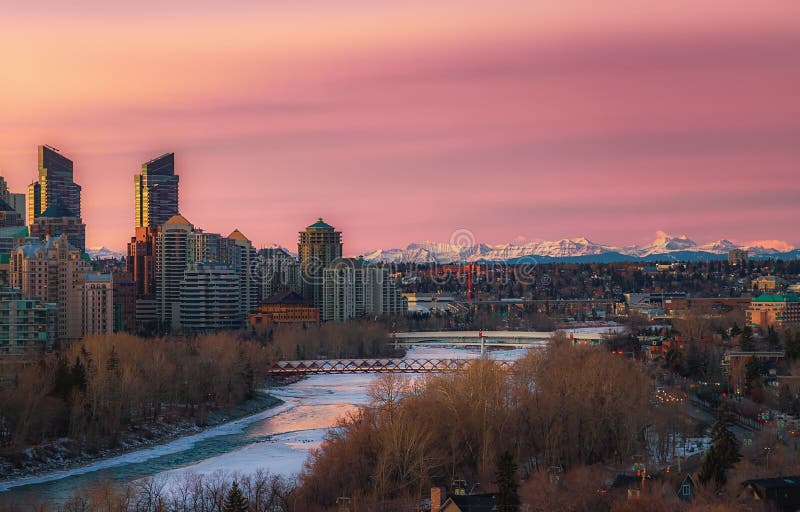 Sunrise Over Downtown Calgary and Mountains Stock Photo - Image of ...